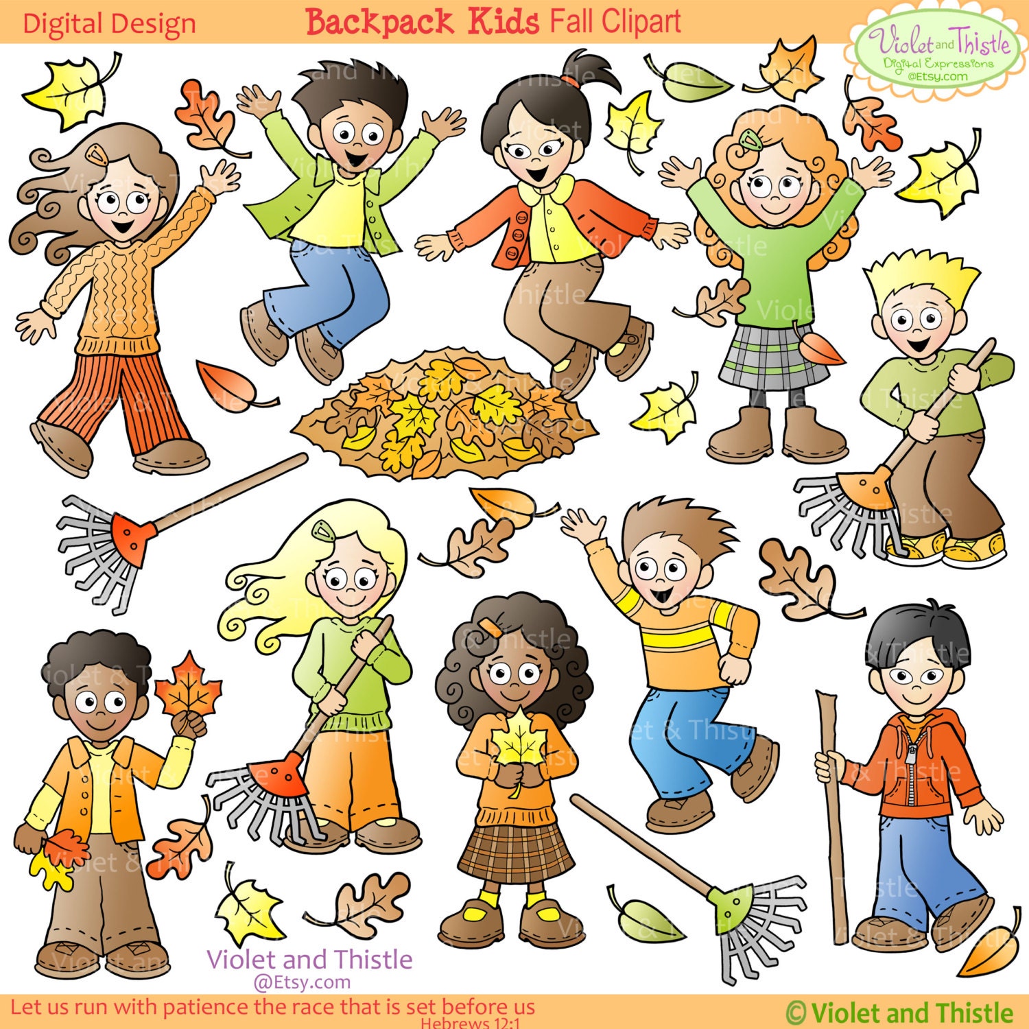 Fall Kids Clipart Bundle Line Art Clip Art Children raking