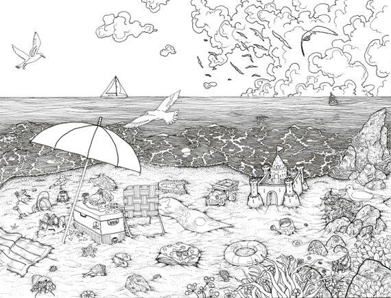 Day at the Beach pen and ink illustration PRINT black and