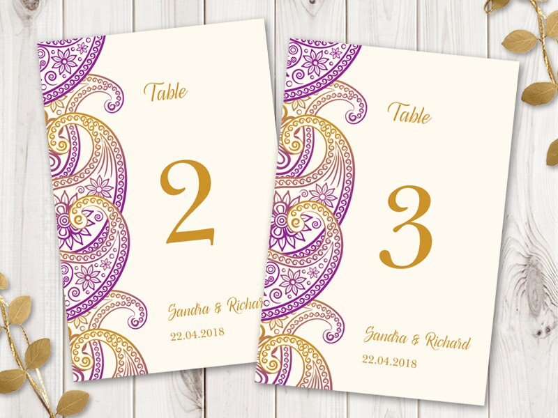Indian Wedding Table Numbers Template Paisley by ShishkoTemplates
