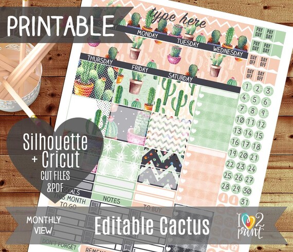 Editable Cactus Monthly View Printable Planner by ilove2print
