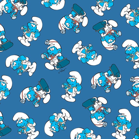 Smurfs Scrubs Doc Smurf Cotton Fabric by Cranston Fabrics