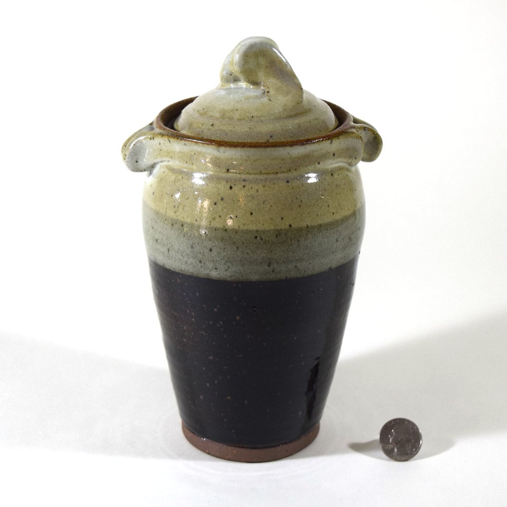 Small Ceramic Covered Jar with Sculpted Tab Handles Hand