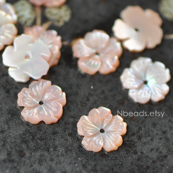 Carved Pink Mother of Pearl Shell Flowers 12mm Center Drilled