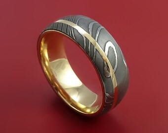 Damascus Steel 14K Yellow Gold Ring Wedding by StonebrookJewelry