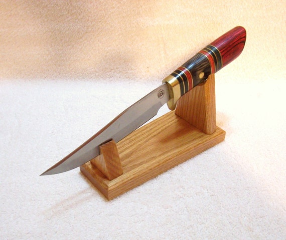 Large Fixed Blade Knife Display Stand Gloss Oak Base Gloss