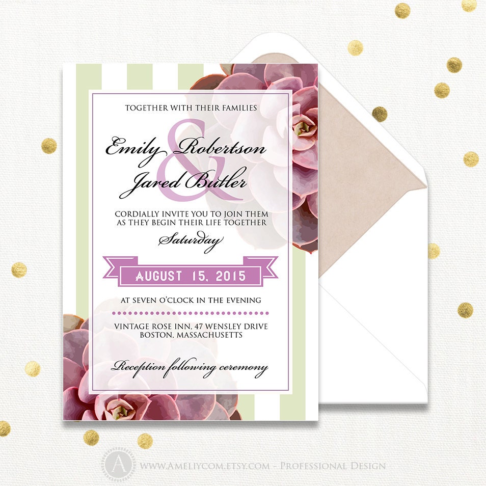 Printable Wedding Invitations Template Green & Lilac Romantic