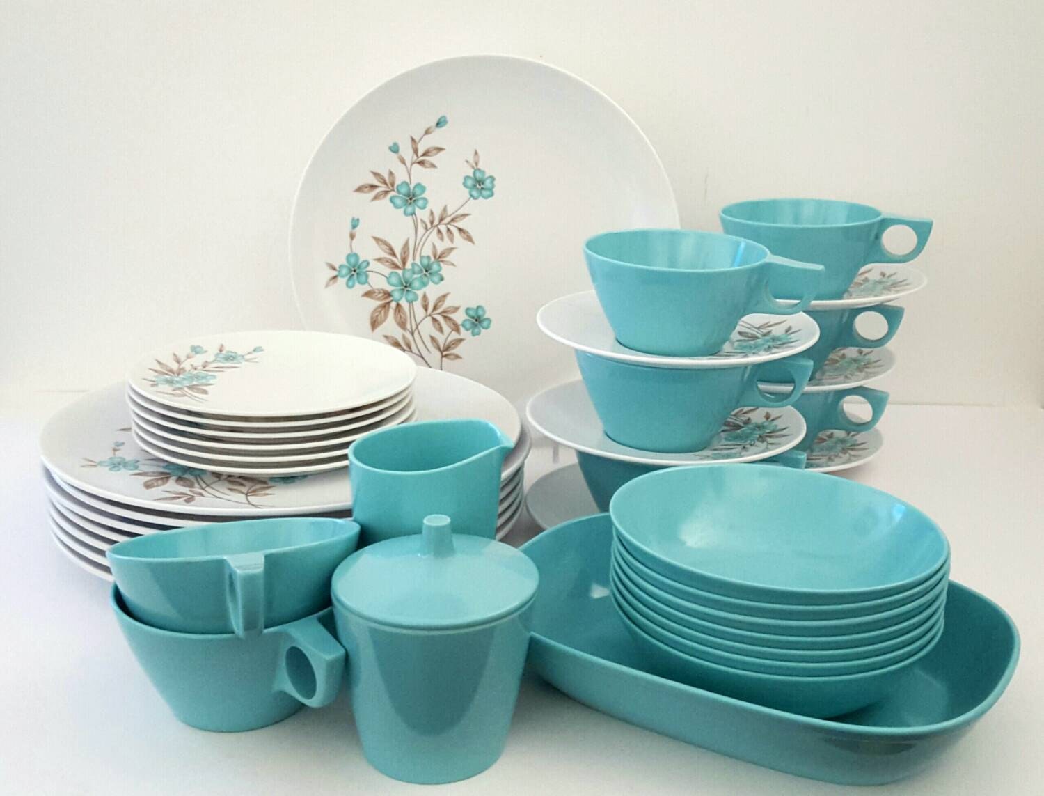 Vintage Texas Ware Floral Flower Turquoise Dinnerware Melamine Melmac ...