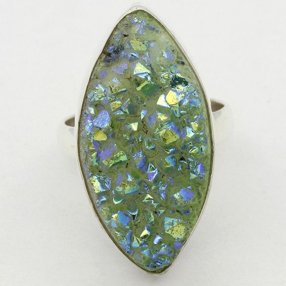 Enchanting New Green Agate Druzy 925 Sterling Silver Ring