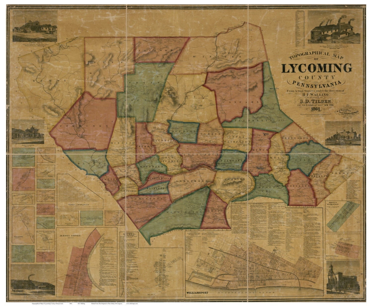 Lycoming County Pennsylvania 1861 Wall Map with Homeowner