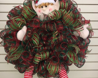 Items similar to Christmas Elf Deco Mesh Wreath on Etsy