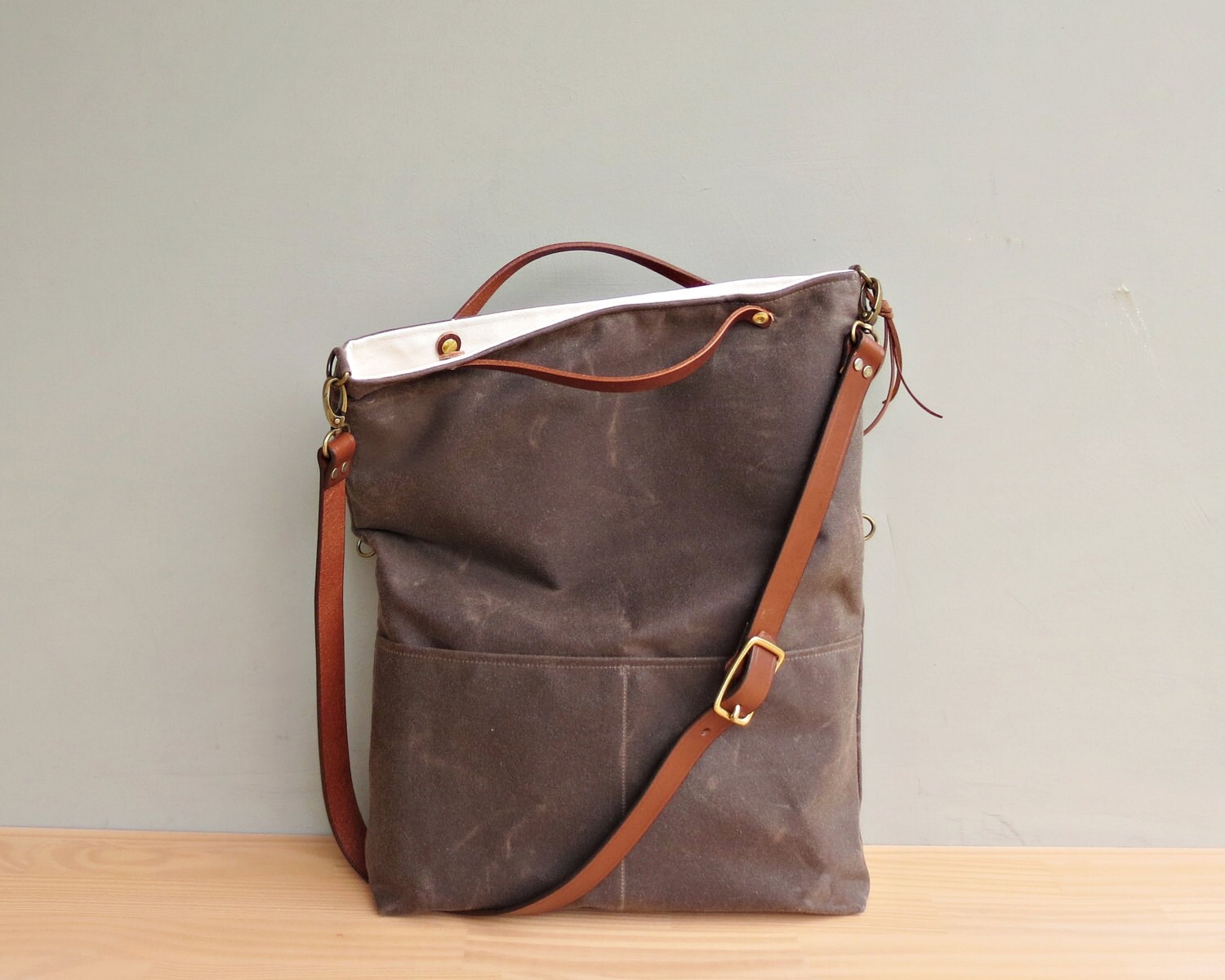 Convertible Waxed Canvas Tote with Leather Strap in Seal Dark