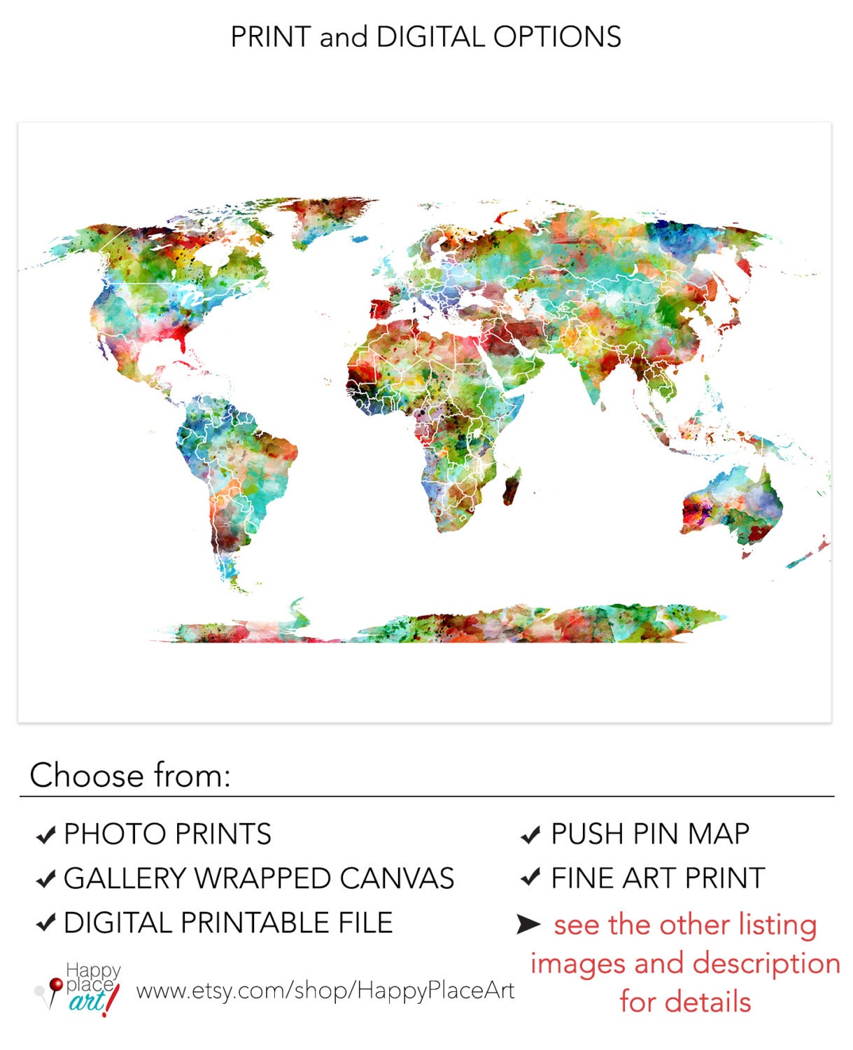Brightly Colored World Map Canvas or pushpin map Gender