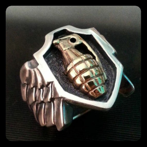 size 10 sterling silver and brass flying grenade ring