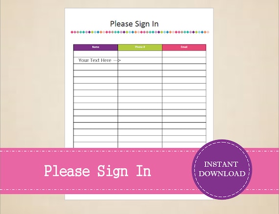 Please Sign In Printable and Editable INSTANT PDF DOWNLOAD