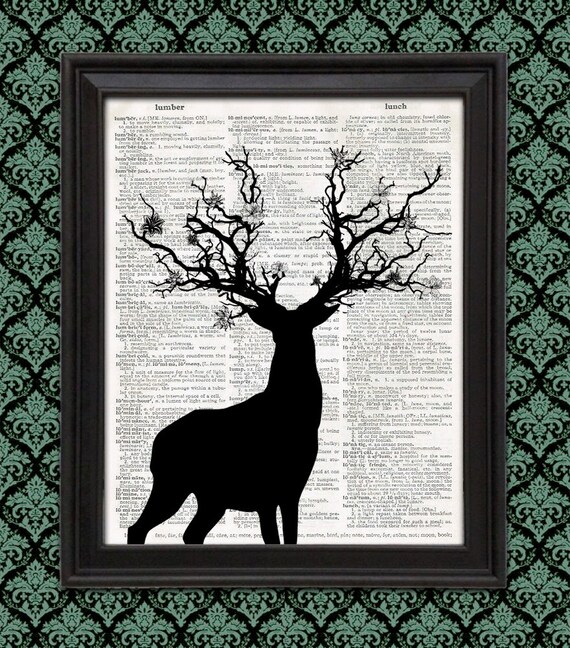 Stag with Tree Branch Antlers and Flowers Silhouette