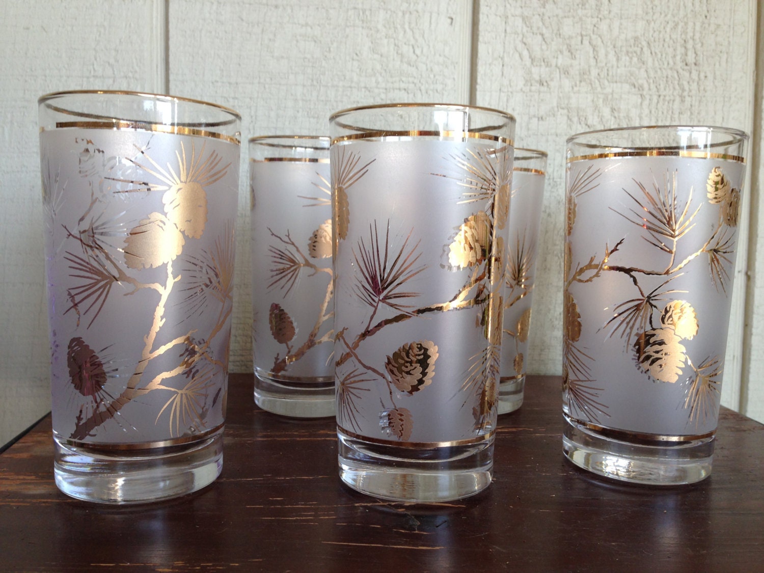 Vintage Frosted Gold Pine Cone Glasses Mid Century Modern
