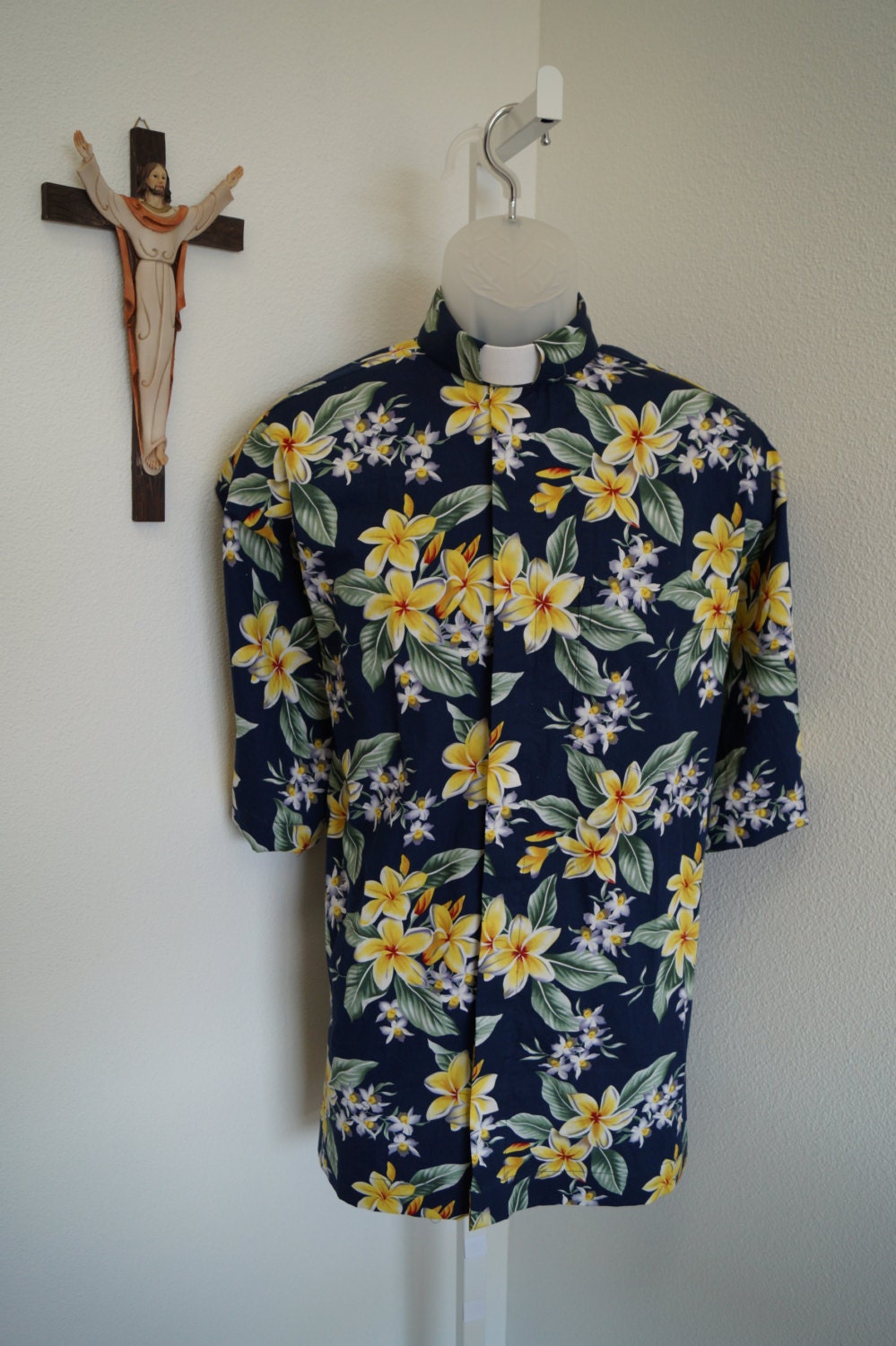 CAMP Clerical shirt yellow tropical flowers on blue. Made to