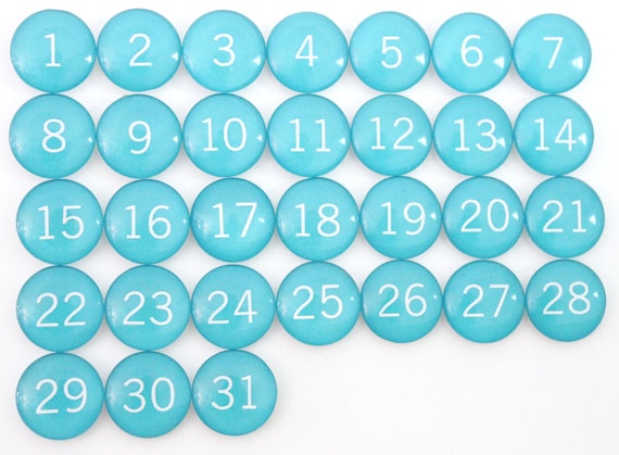 31 Aqua Blue Calendar Number Glass Magnets