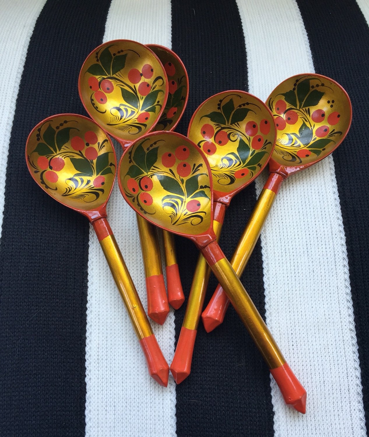 Vintage Set of Wooden Spoons with Intricate Gold, Green, & Red Hand ...