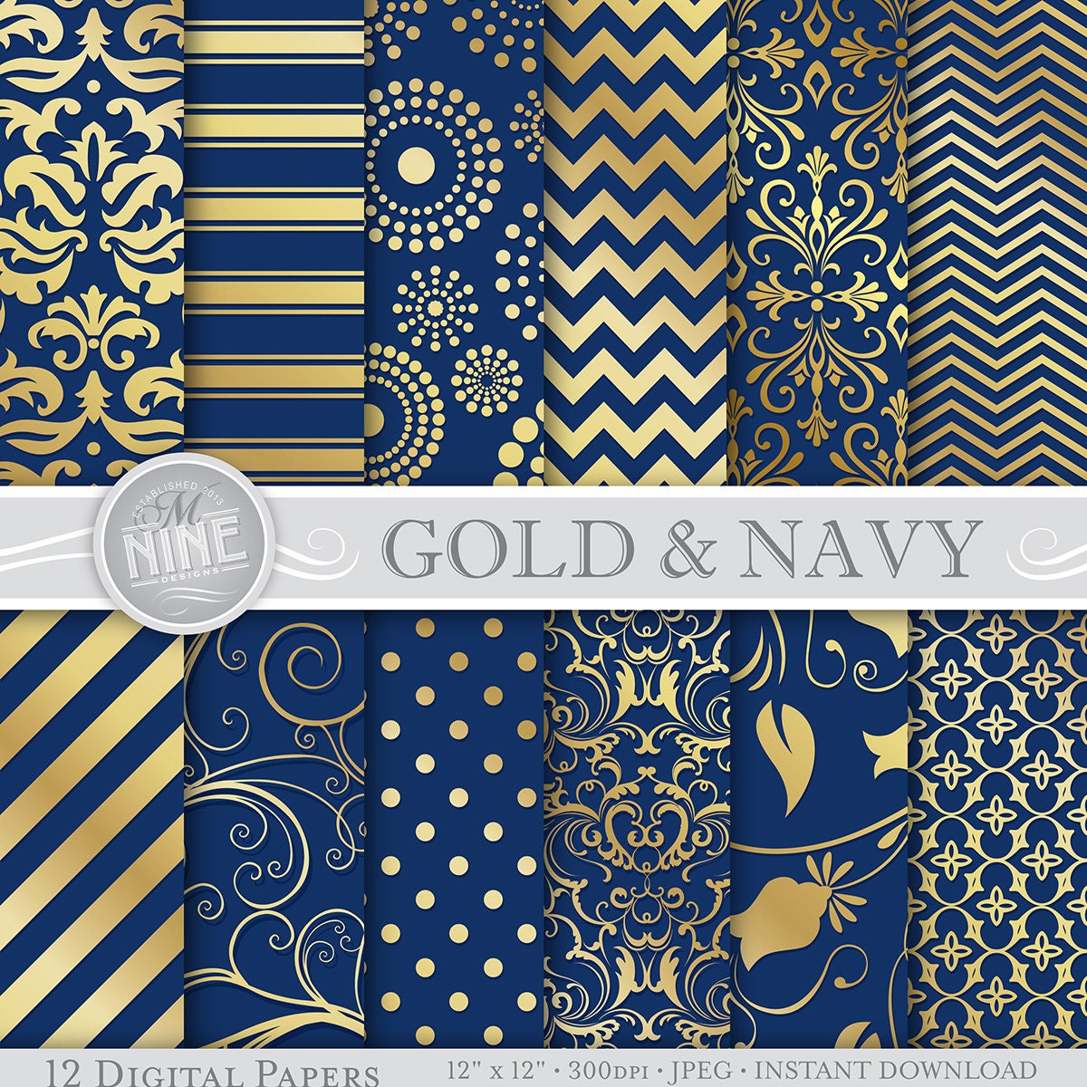GOLD & NAVY Digital Paper 12 x 12 Patterns Pattern by MNINEDESIGNS