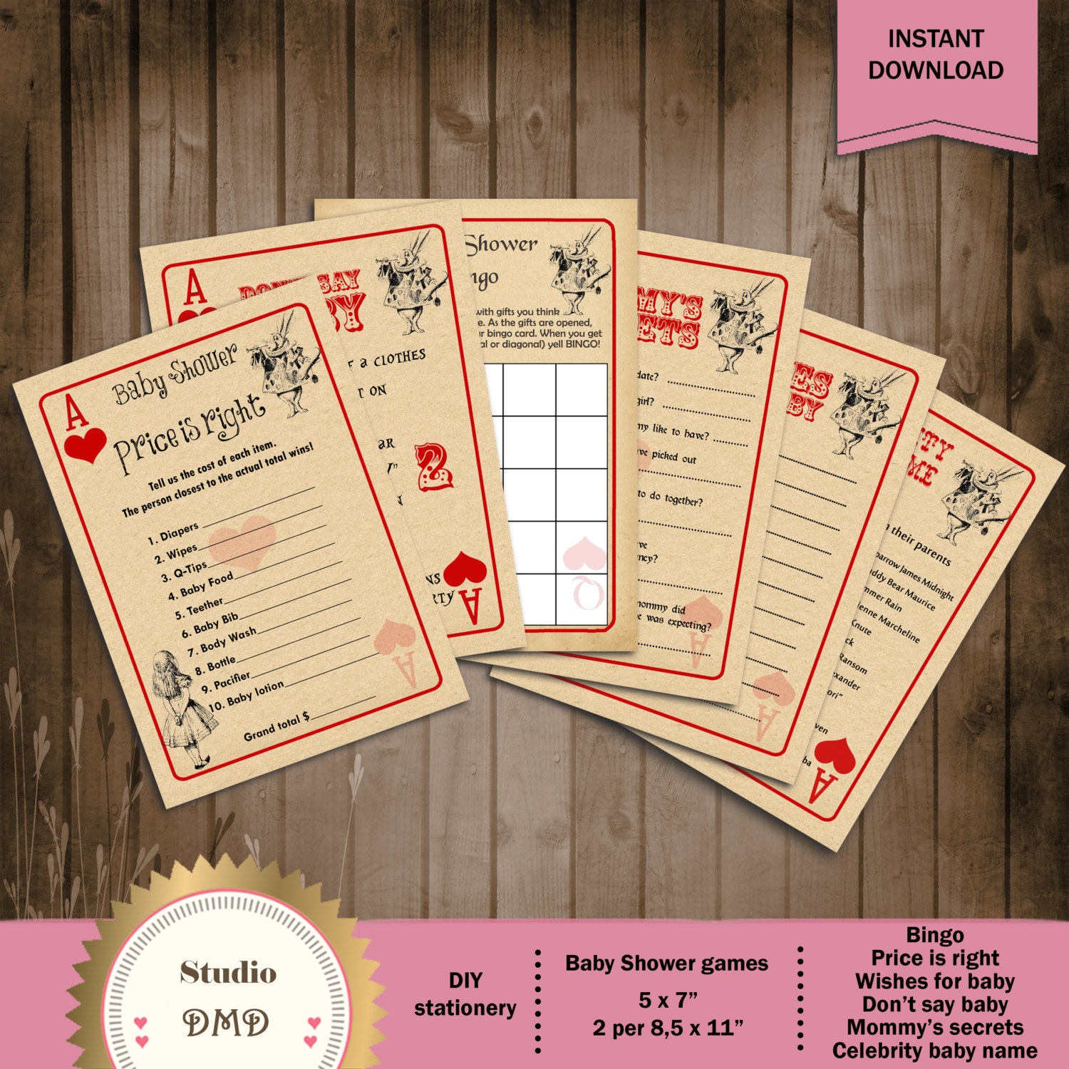 Printable Baby Shower Games Card Template Alice in Wonderland