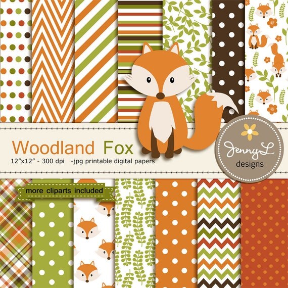Fox Digital Paper and Clipart, Fall Woodland Animal, leaves for ...