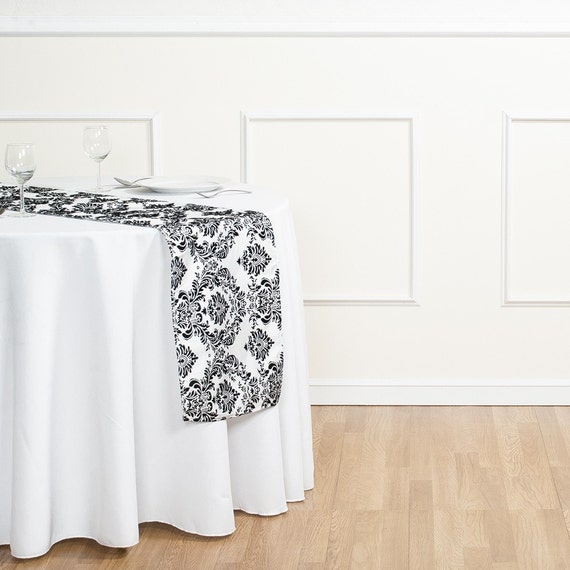 Victorian Flocking Damask White and Black Table Runner by GOLinen