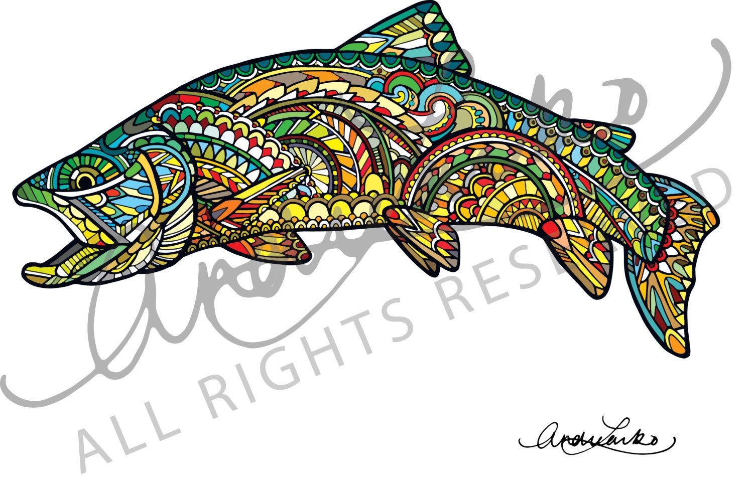 Zentangle Chroma Brown Trout Fish Art Print 8.5x11