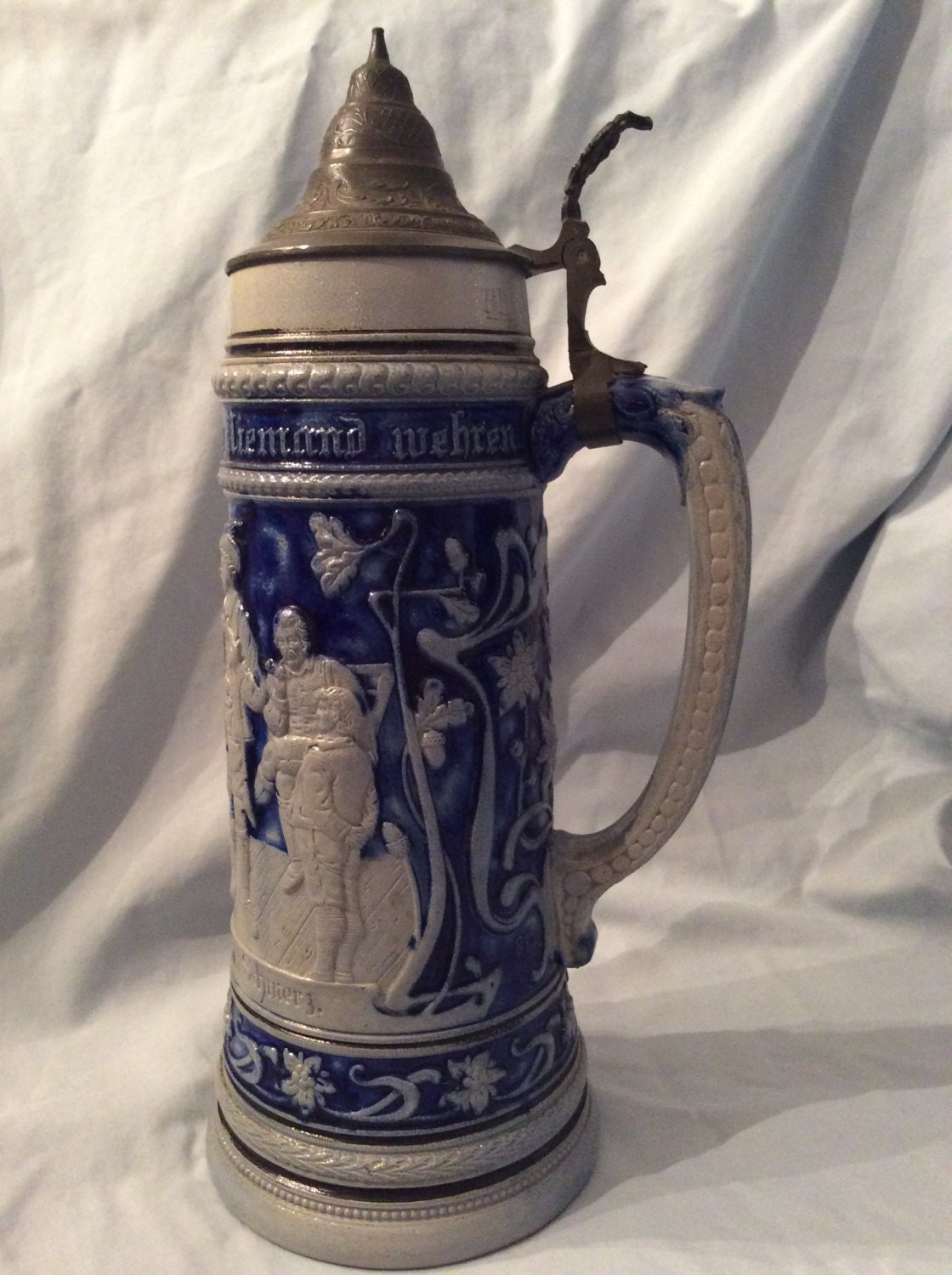 GERMAN BEER STEIN 1.5 Liter with Lid Cobalt Blue and Gray