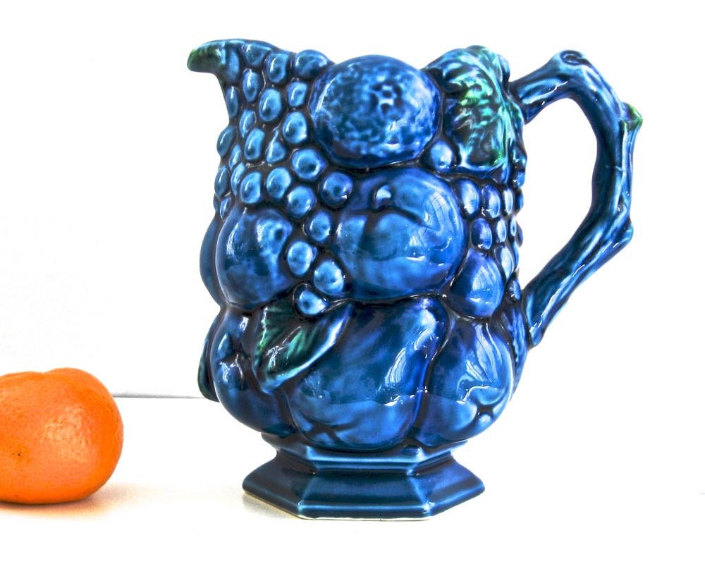 Inarco Blue Mood Indigo Pitcher Fruit Motif 24 oz. Signed