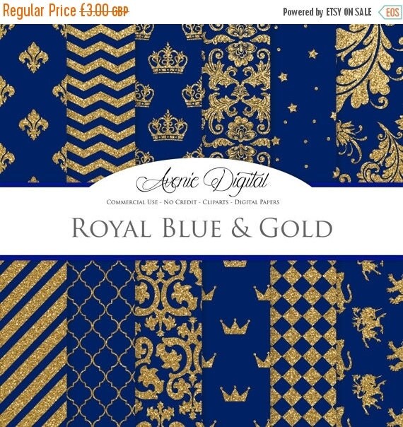 SALE Royal Blue and Gold Digital Paper. Scrapbook by AvenieDigital