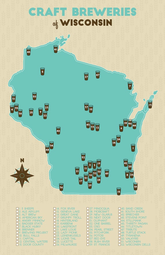 Wisconsin Craft Breweries Map ON SALE by GitchiAdventureGoods