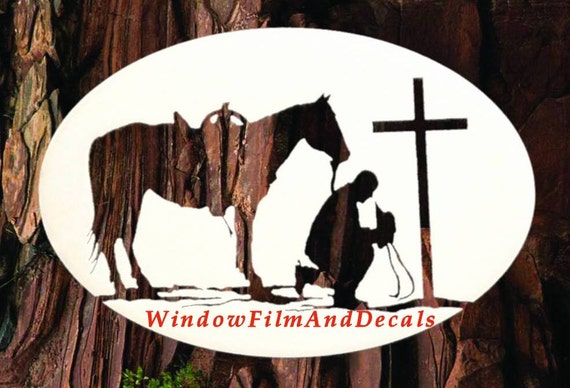 Praying Cowboy Oval Static Cling Window Decal 12 x
