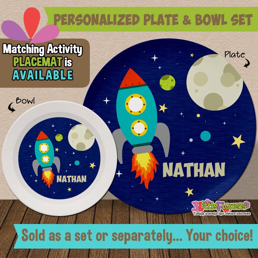 Personalized Spaceship Plate and Bowl Set by 3littleflowers