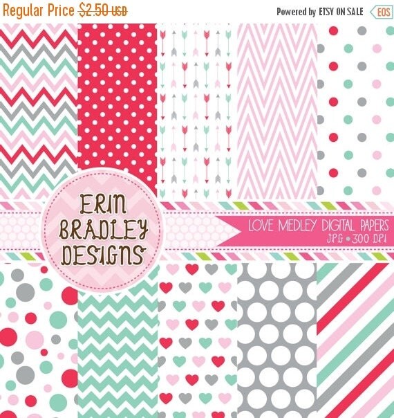 SALE Valentines Day Digital Paper Set Pink by ErinBradleyDesigns