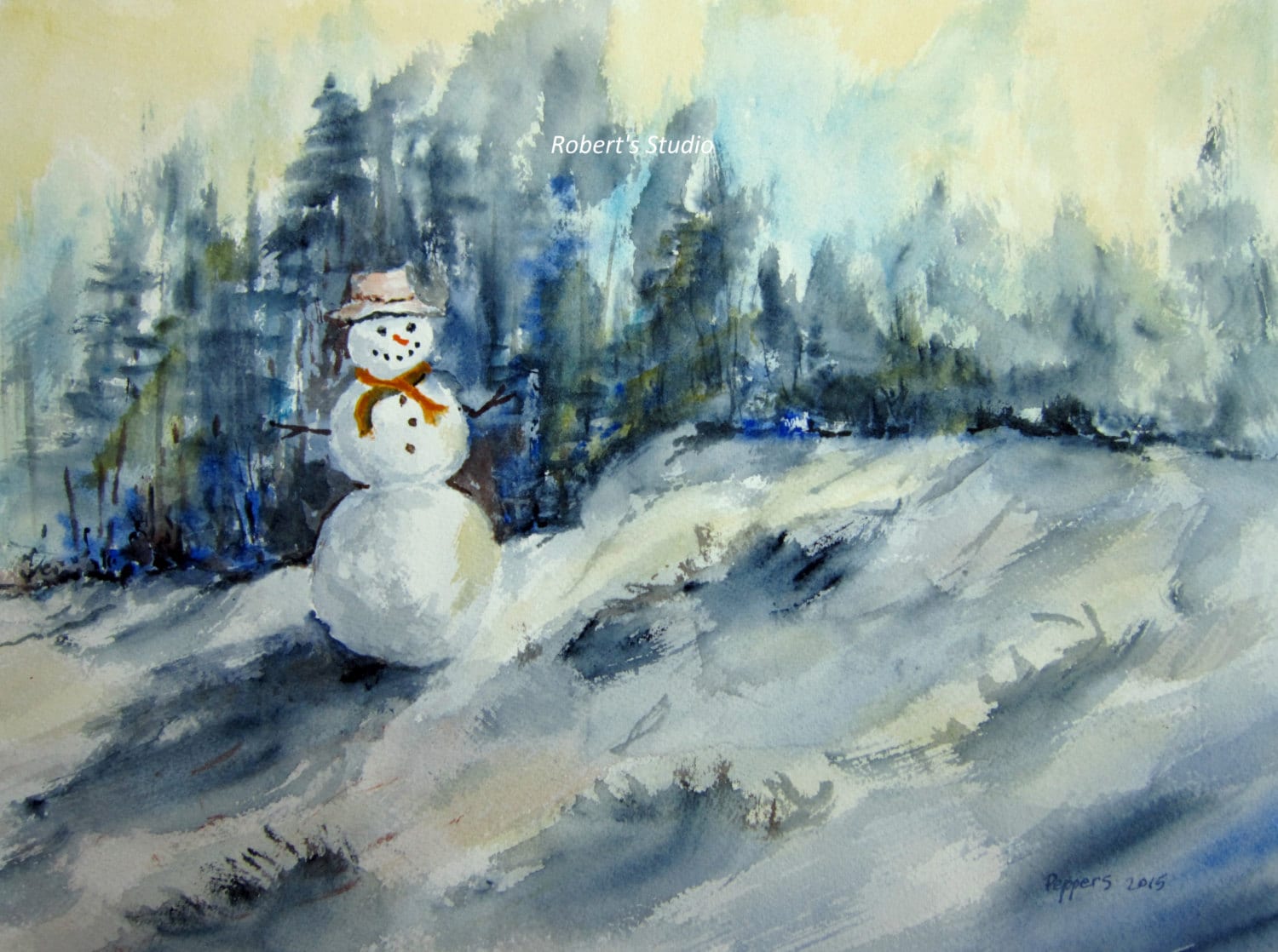 Snowman Archival Print watercolor landscape watercolor art