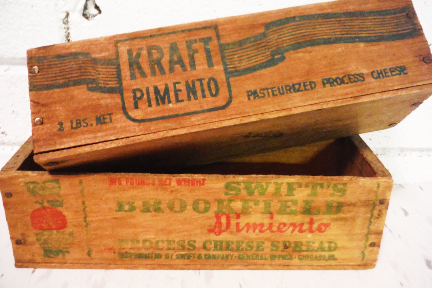 Vintage wooden cheese boxes pimiento kraft switts southern kitchen pair ...