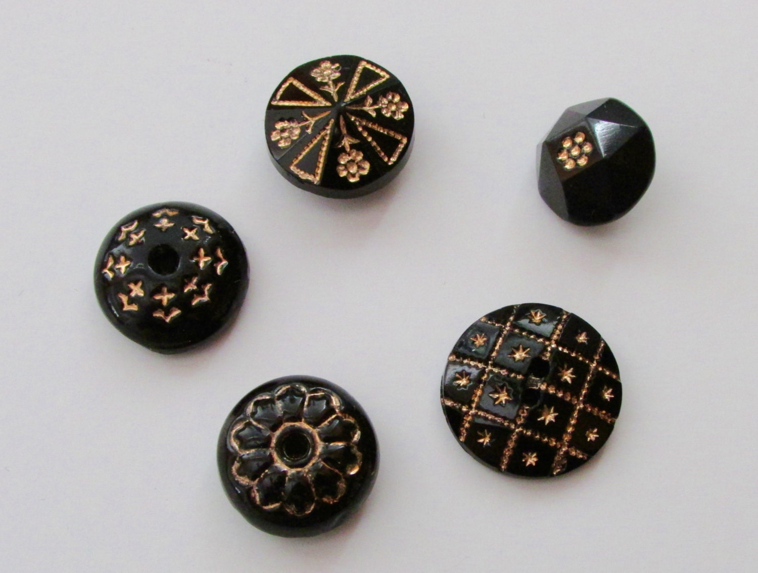 Five Antique Glass Buttons Black with Gold Accents