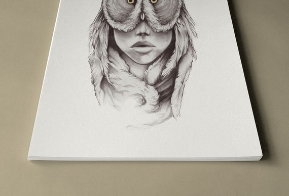 Art Print Owl Drawing Female Face Mask Feathers by jefflangevin