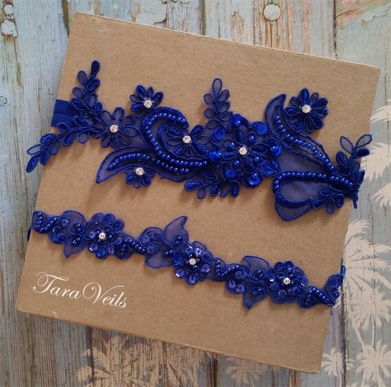 Wedding garter set Royal Blue Garter Rhinestone Royal by taraveils