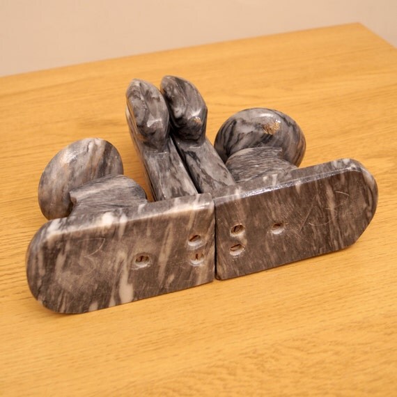 Vintage Carved Gray Marble Onyx Bookends from Mexico Siesta