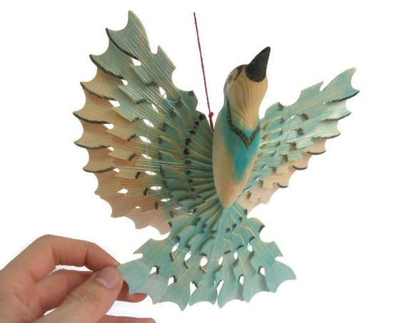 Blue Jay Bird Wood Carving Hanging Mobile Woodworking Art