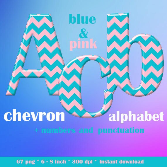 Blue and pink pastel chevron alphabet clipart chevron font