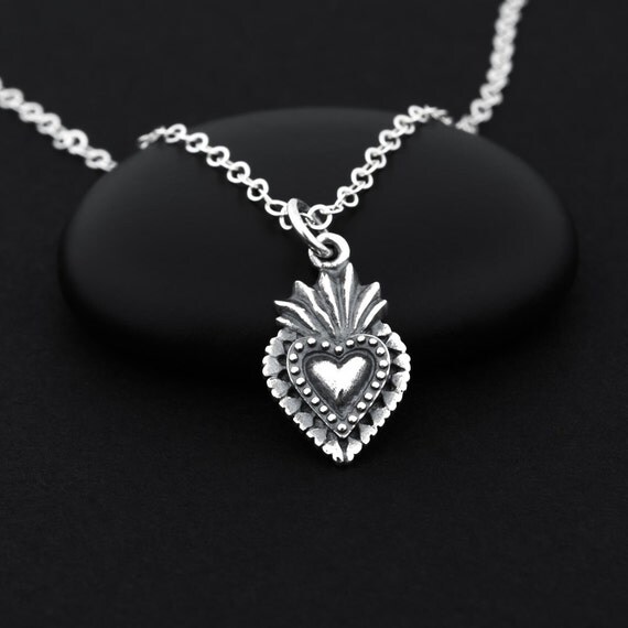 Sacred Heart Necklace Sterling Silver Catholic Necklace