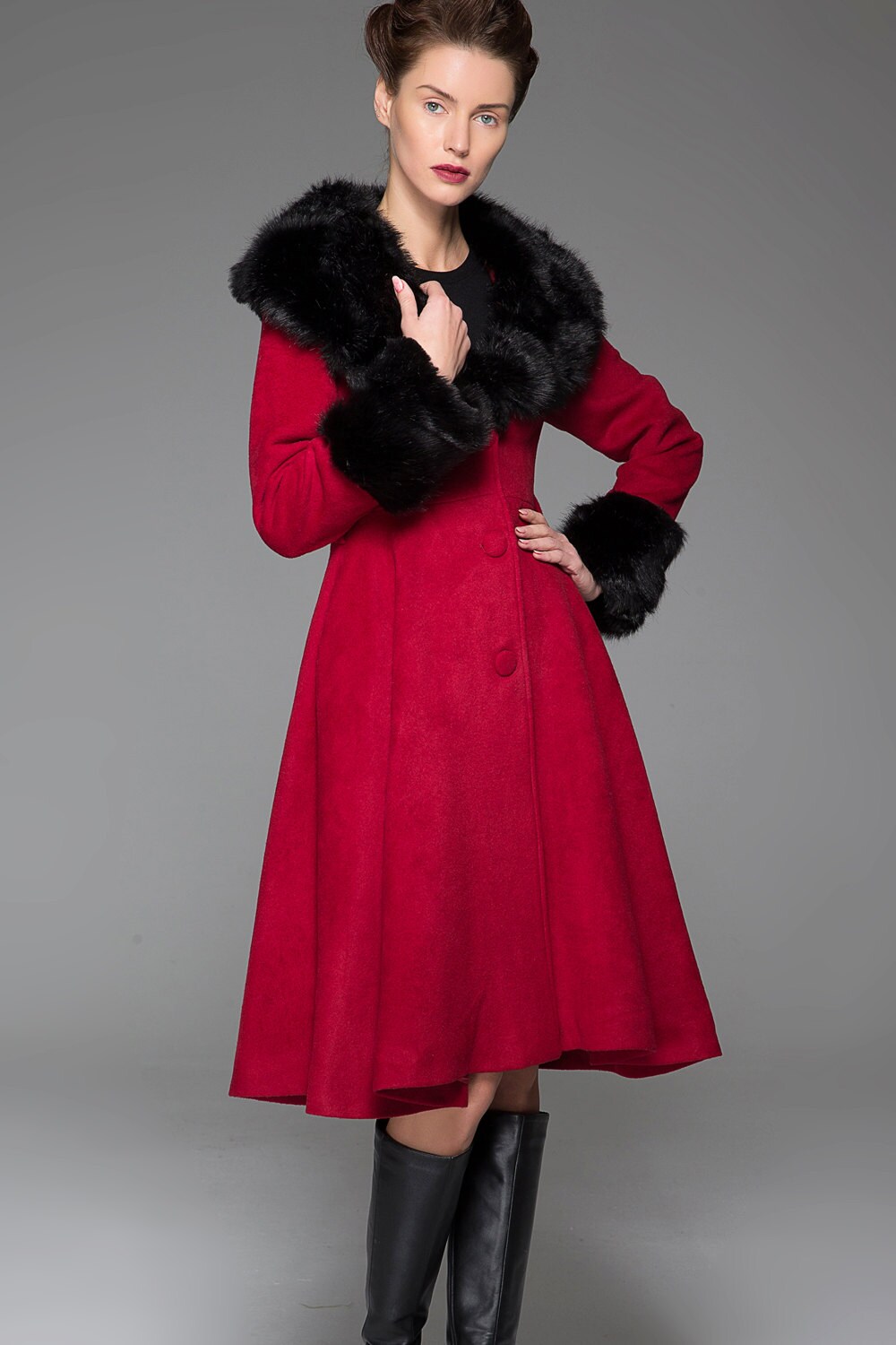 Faux Fur Red Coat Luxury Elegant Warm Wool Blend by xiaolizi