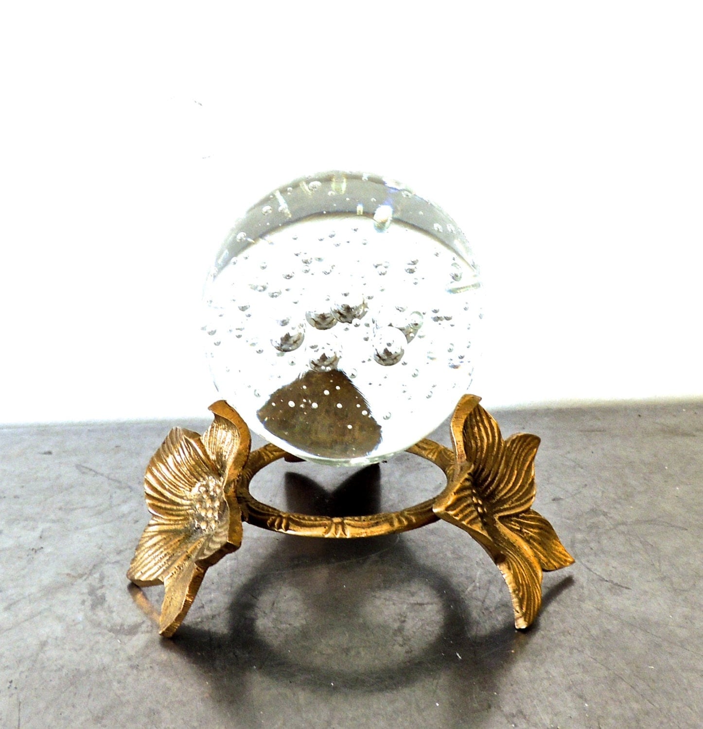 vintage crystal ball 1950s-60s brass-bottom floral crystal