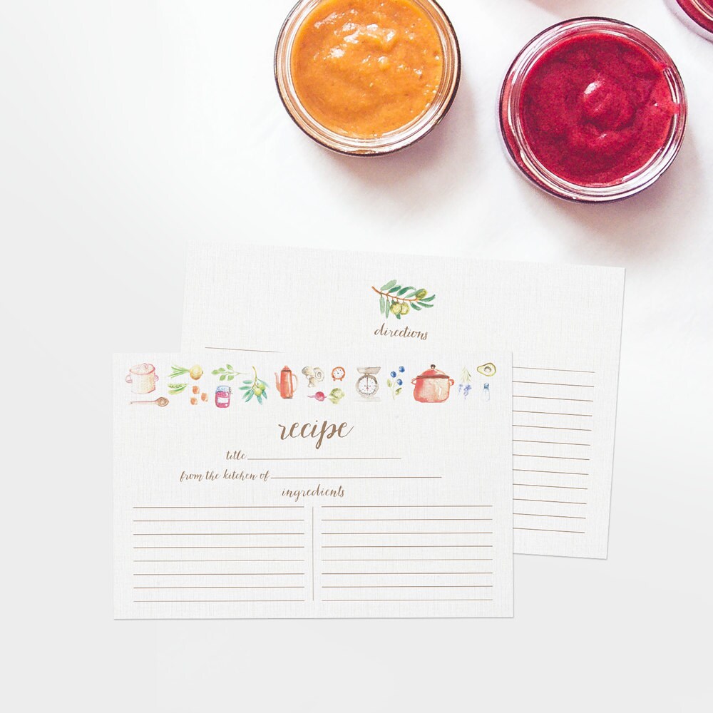 Watercolor Recipe Cards Set of 15 30 or 50 Kitchen