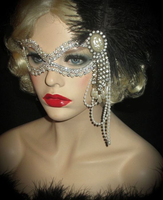 PEARL & CRYSTAL MASQUERADE 20s Gatsby Flapper Mask Old