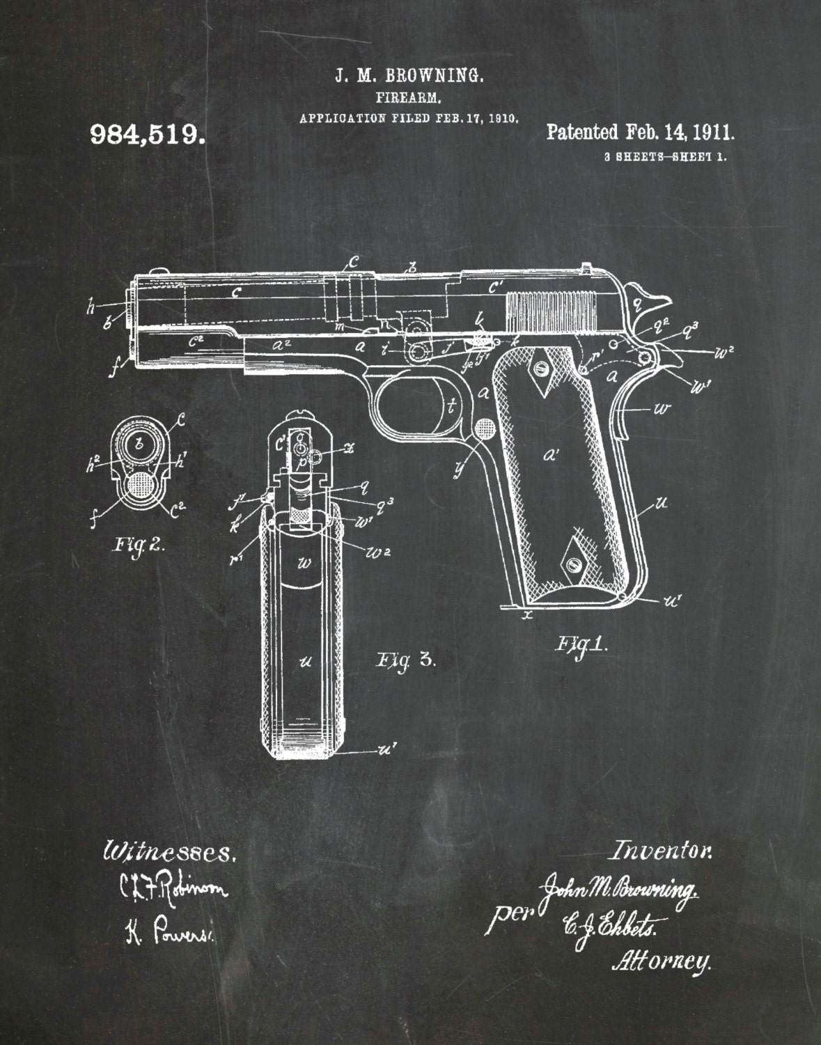 Patent M1911 Browning .45 Caliber Pistol Art Print - Poster - Fire Arm ...