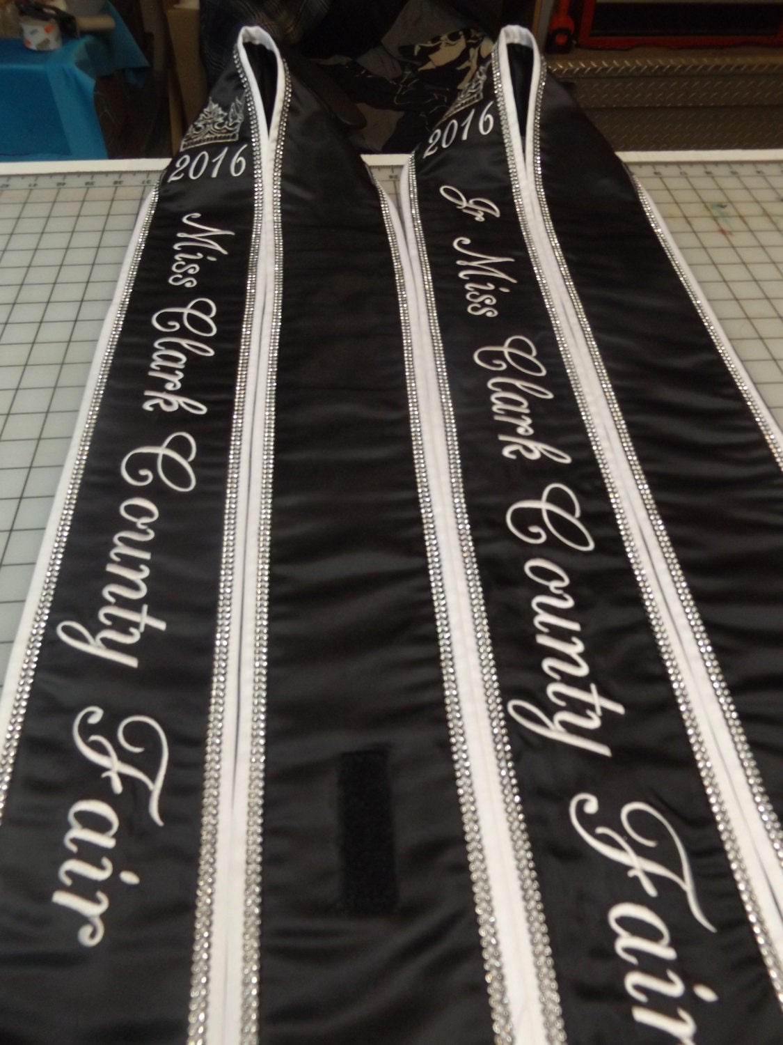Pageant sashes in black satin / White trim/ silver black